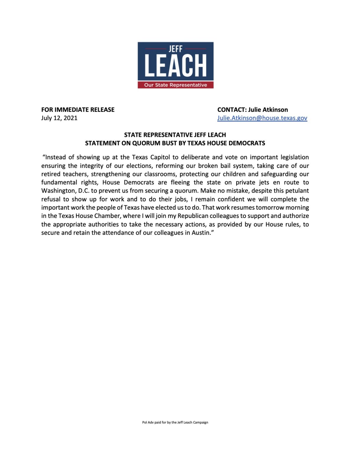 Rep. Leach Statement on Quorum Bust by House Democrats - Jeff Leach